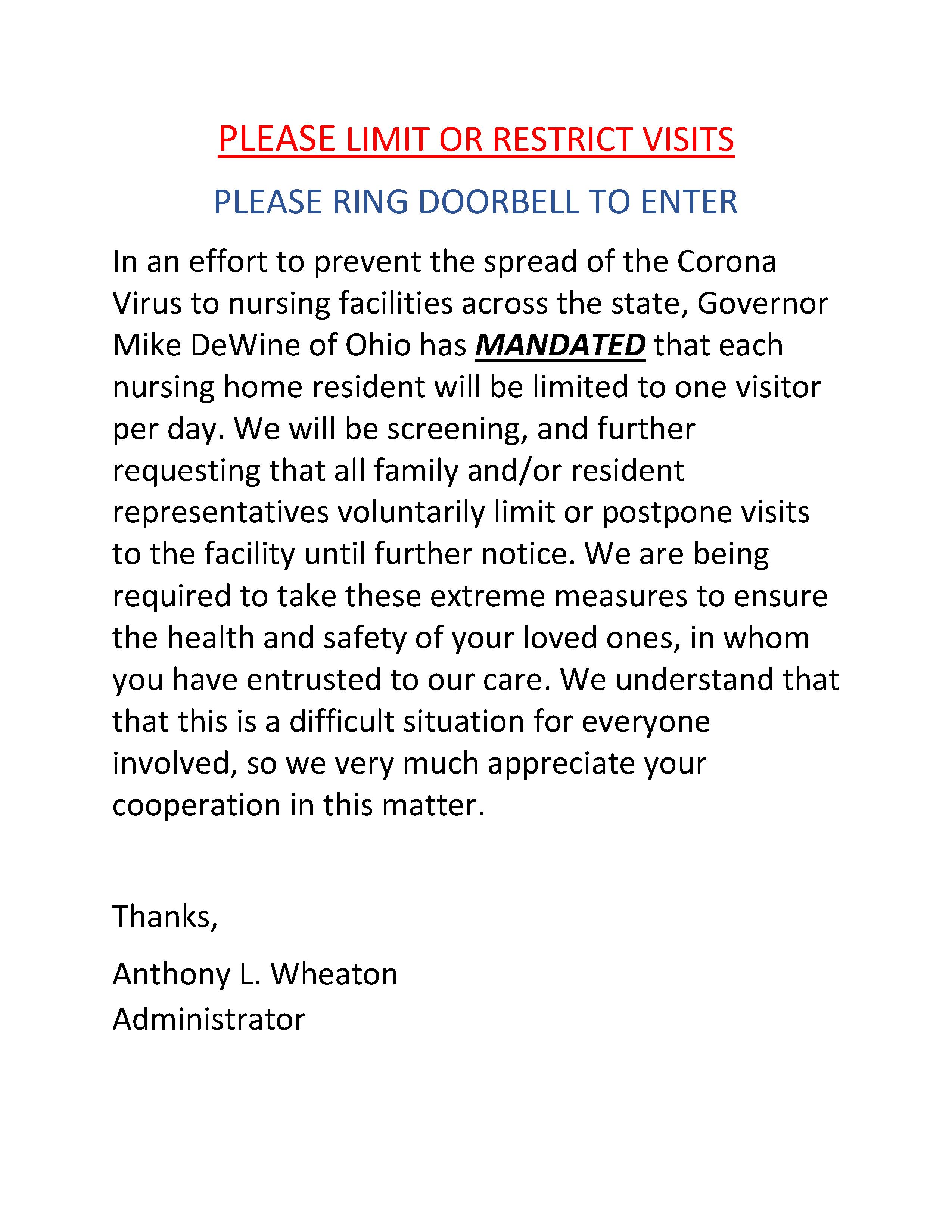 PLEASE LIMIT OR RESTRICT VISITS – Crystal Care Nursing Rehab Center